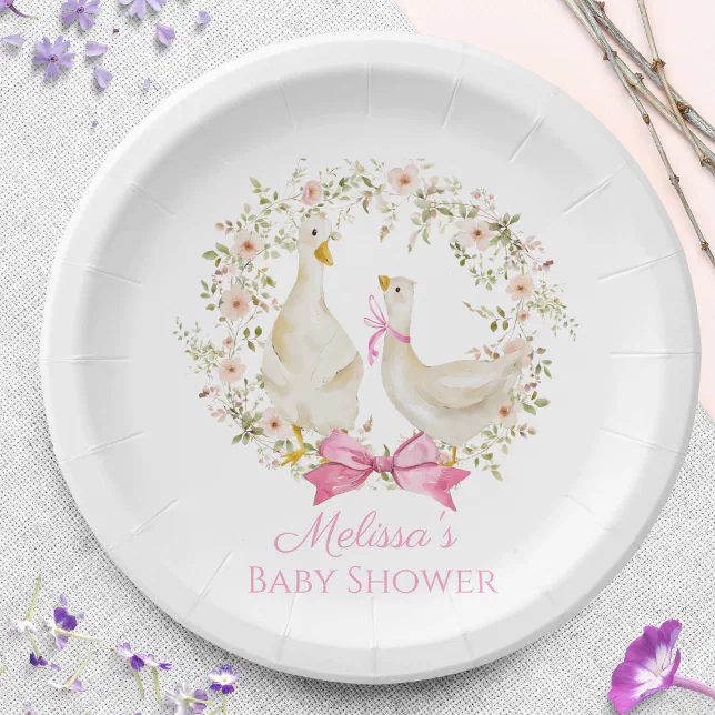 Cute Goose Duck Flowers Baby Shower Girl Paper Plate | Zazzle