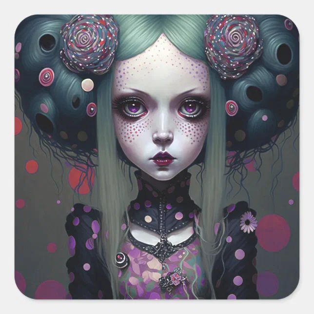 Cute Goth Girl Purple Black Fantasy Art Square Sticker | Zazzle