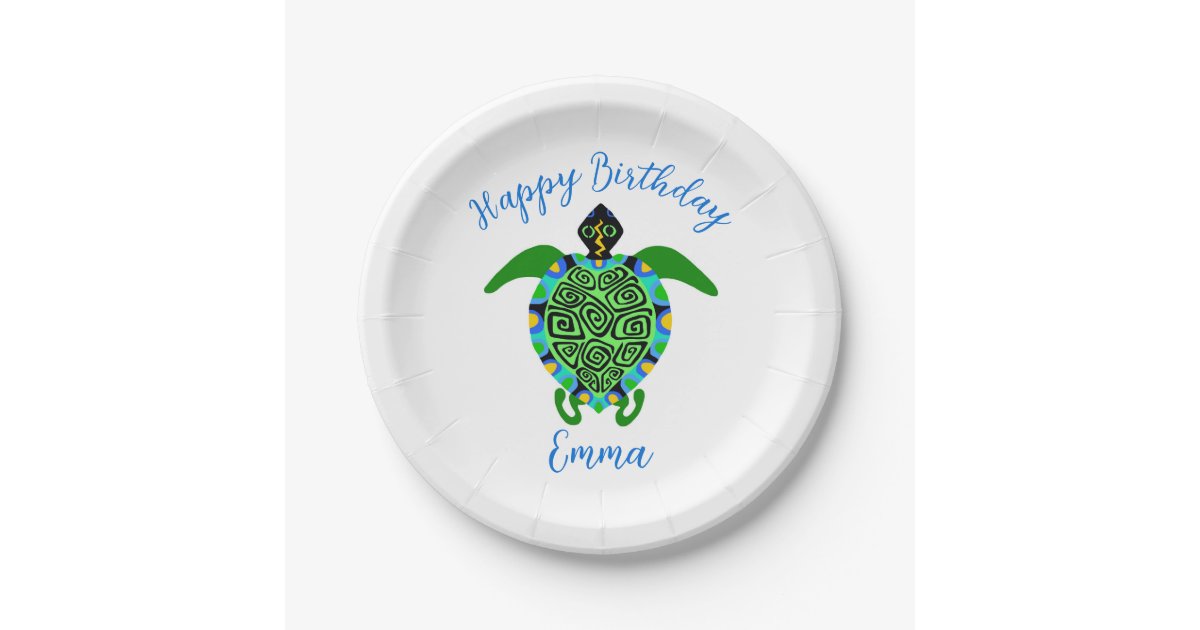 Cute graphic Sea TURTLE - Happy Birthday - Party Paper Plate | Zazzle