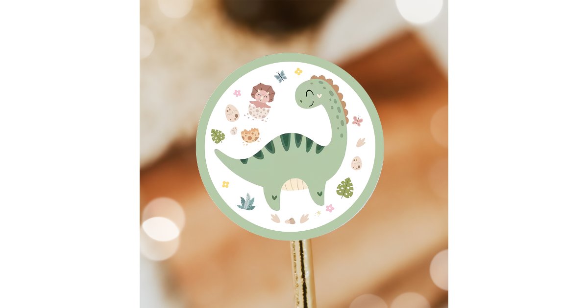 Cute Green Dinosaur Party Classic Round Sticker | Zazzle