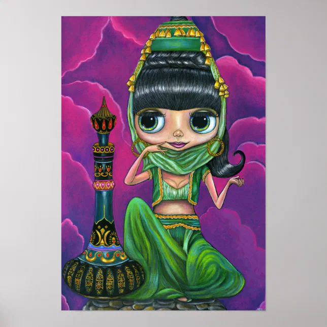 Cute Green Genie Girl Big Eyes Doll Magic Bottle Poster | Zazzle