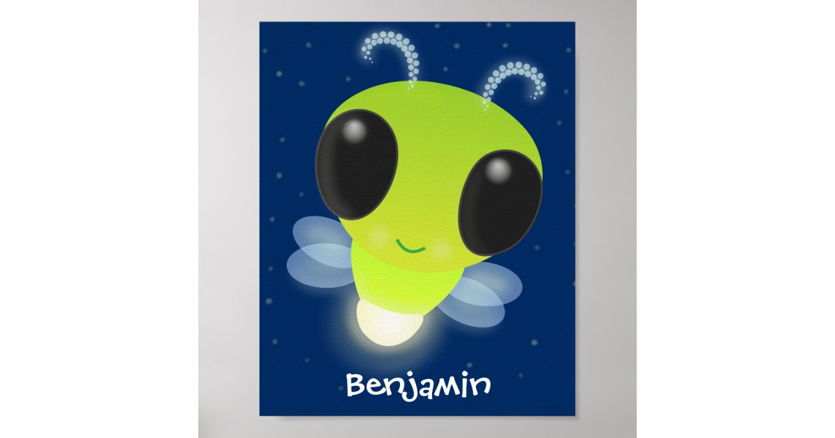 Cute green glow bug firefly cartoon illustration poster | Zazzle