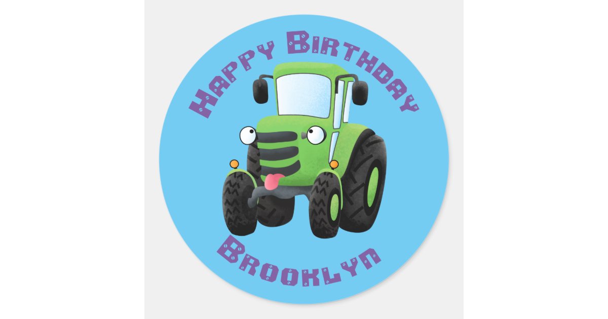 Cute green happy farm tractor cartoon illustration classic round ...