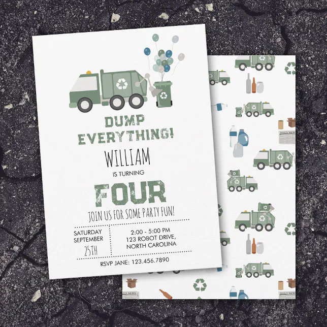 Cute Green Recycling Truck Boys Vehicles Birthday Invitation | Zazzle