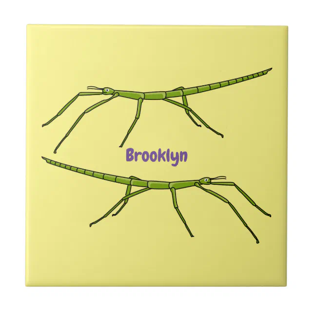 Cute green stick insects with happy faces cartoon tile | Zazzle