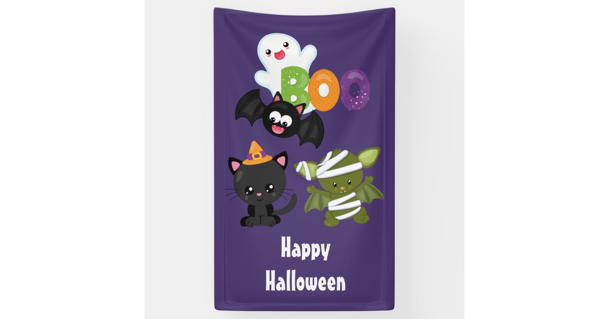 Cute Halloween Cat, Bat, Mummy & Ghost Banner | Zazzle