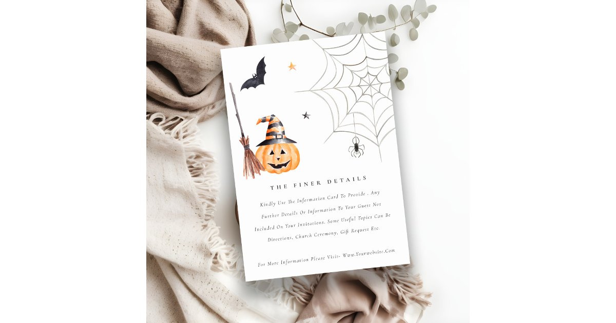 Cute Halloween Pumpkin Spiderweb Wedding Details Enclosure Card | Zazzle