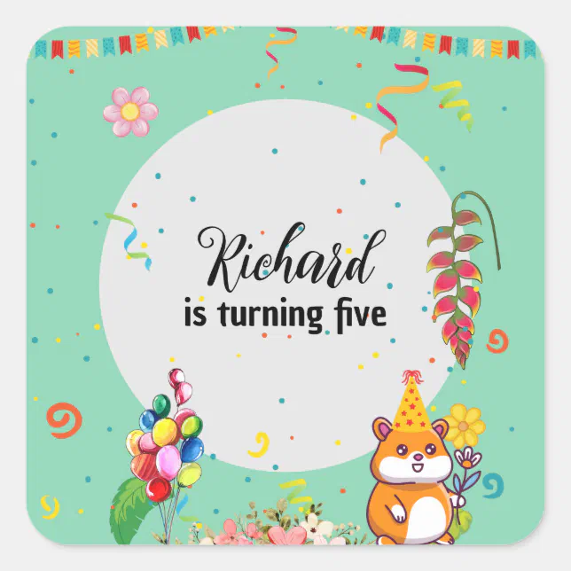Cute Hamster Themed Kid's Birthday Party Square Sticker | Zazzle
