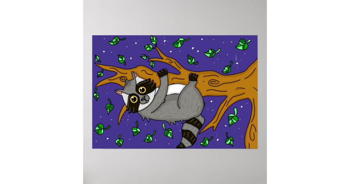 Cute Hand Drawn Racoon Hanging from Tree Branch Poster | Zazzle
