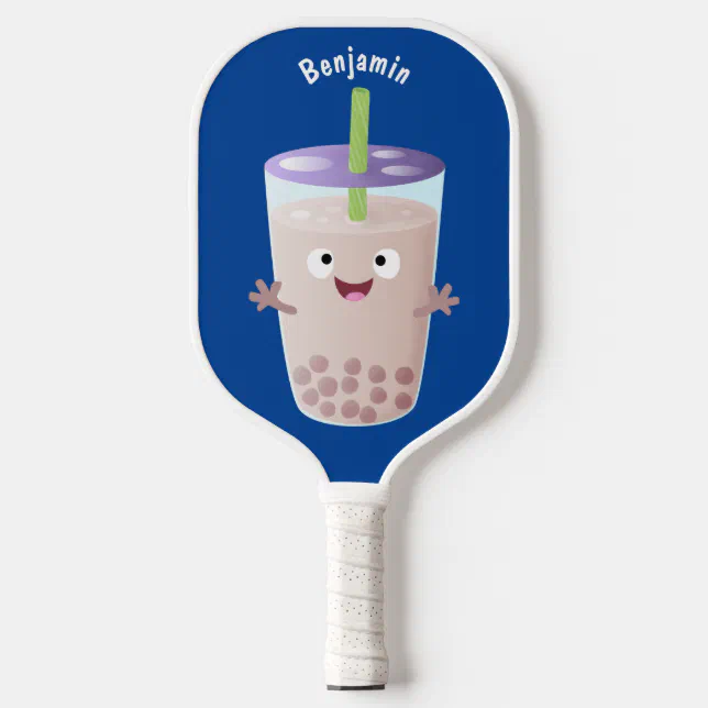 Cute happy bubble tea boba cartoon character pickleball paddle | Zazzle