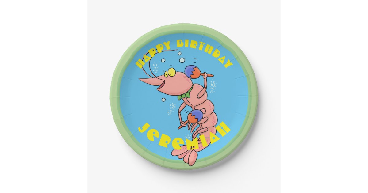 Cute happy cartoon prawn with maracas birthday paper plate | Zazzle
