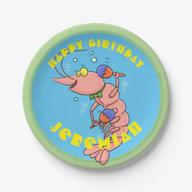 Cute happy cartoon prawn with maracas birthday paper plate | Zazzle