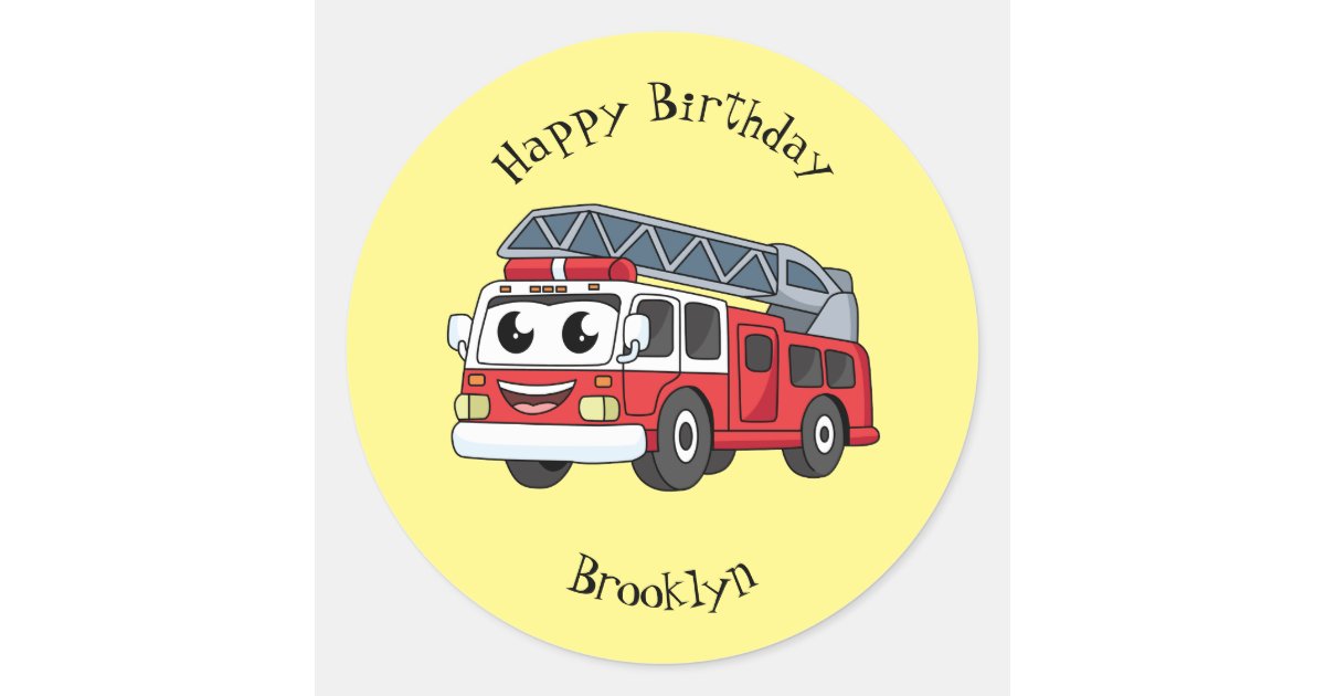 Cute happy fire engine cartoon classic round sticker | Zazzle