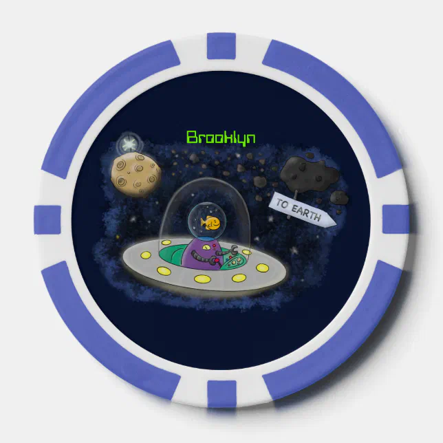 Cute happy fish ufo space cartoon illustration poker chips | Zazzle