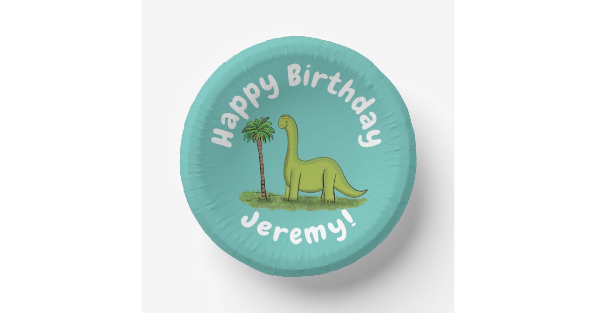 Cute happy green brontosaurus dinosaur cartoon paper plate | Zazzle