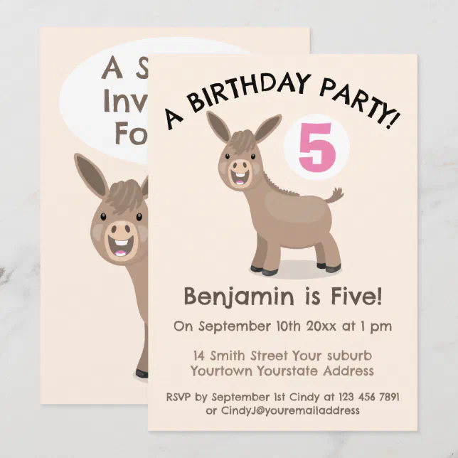 Cute happy mini donkey cartoon birthday invitation | Zazzle