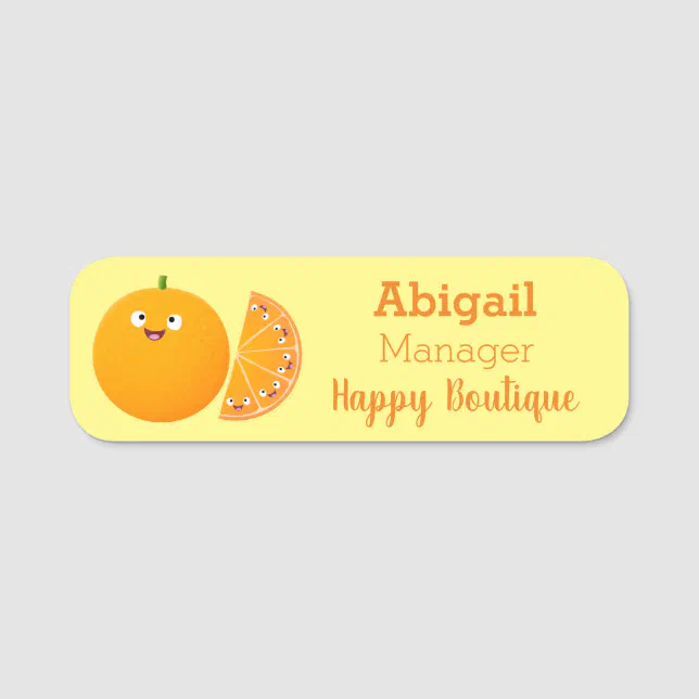 Cute happy orange citrus fruit cartoon name tag | Zazzle