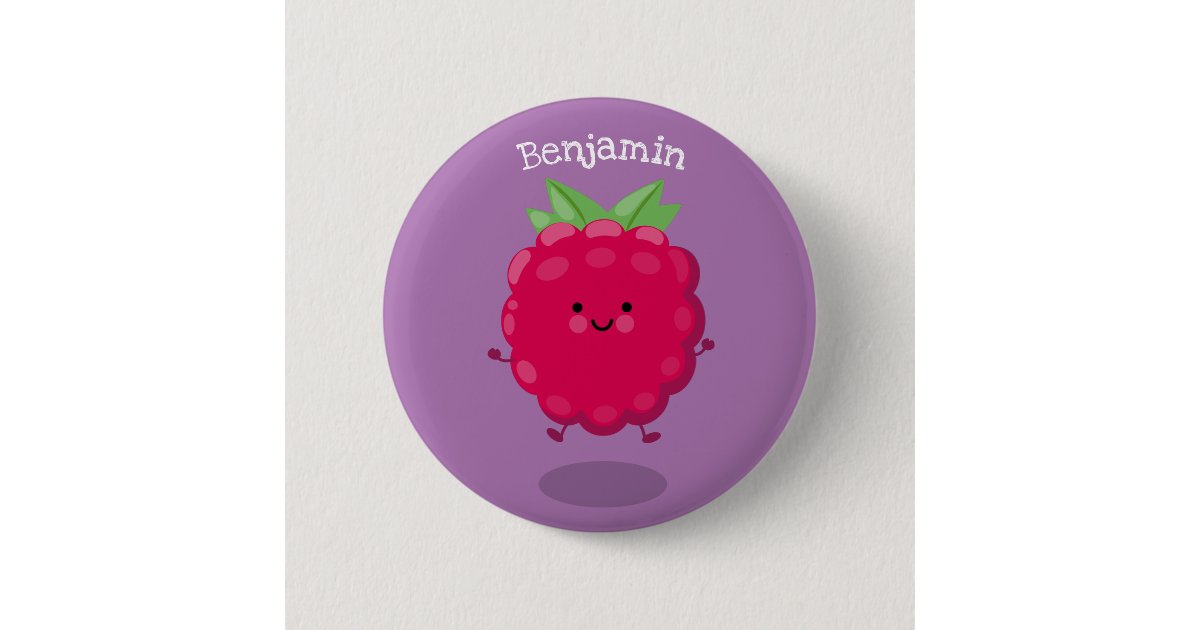 Cute happy raspberry cartoon illustration 6 cm round badge | Zazzle