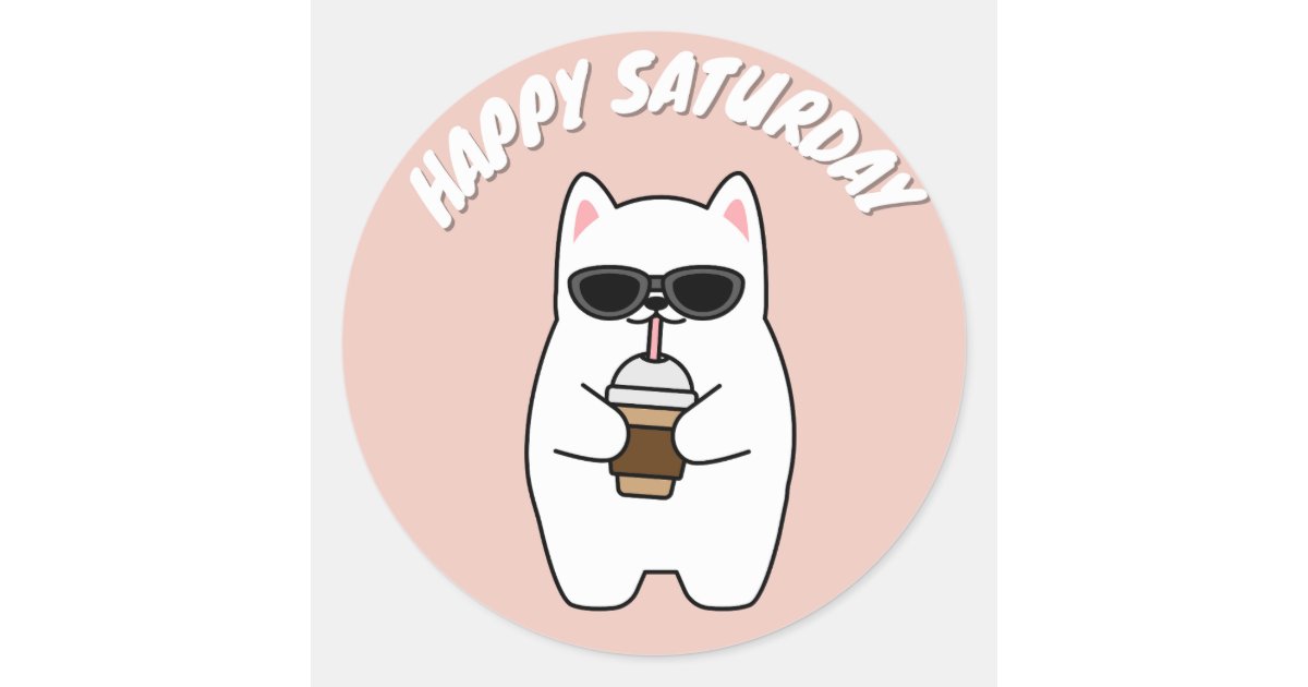 CUTE HAPPY SATURDAY CAT CLASSIC ROUND STICKER | Zazzle