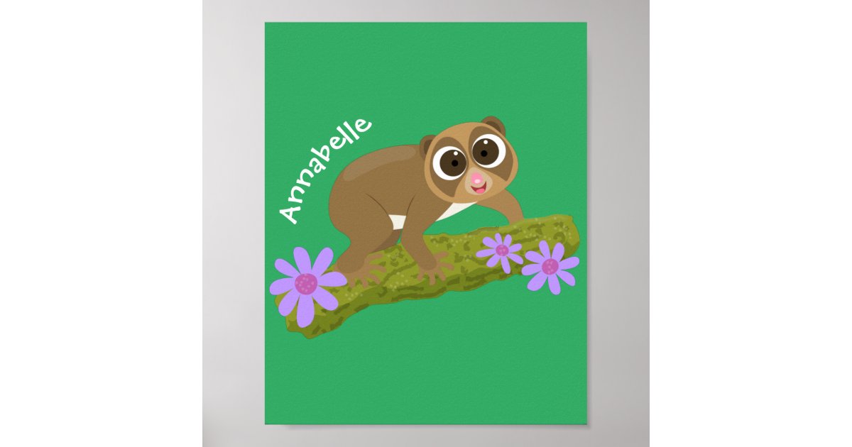 Cute happy slow loris on branch cartoon poster | Zazzle