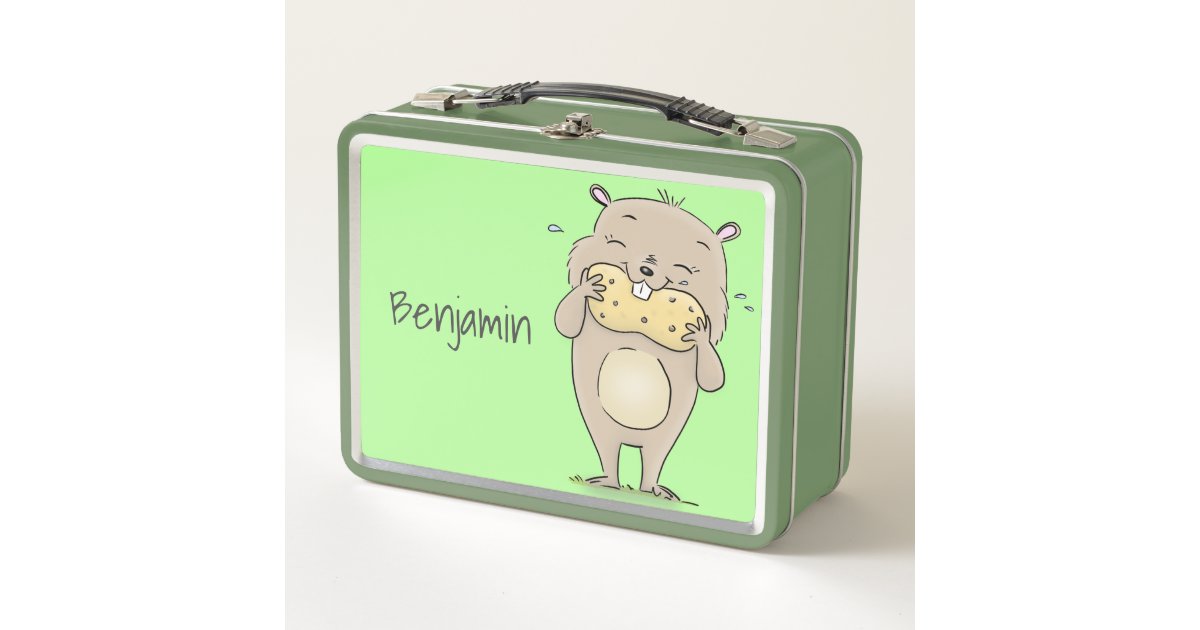 Cute happy smiling hamster with peanut cartoon metal lunch box | Zazzle