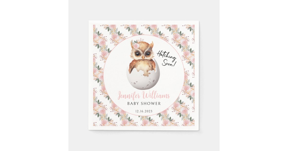 Cute hatching owl baby girl shower paper napkins | Zazzle