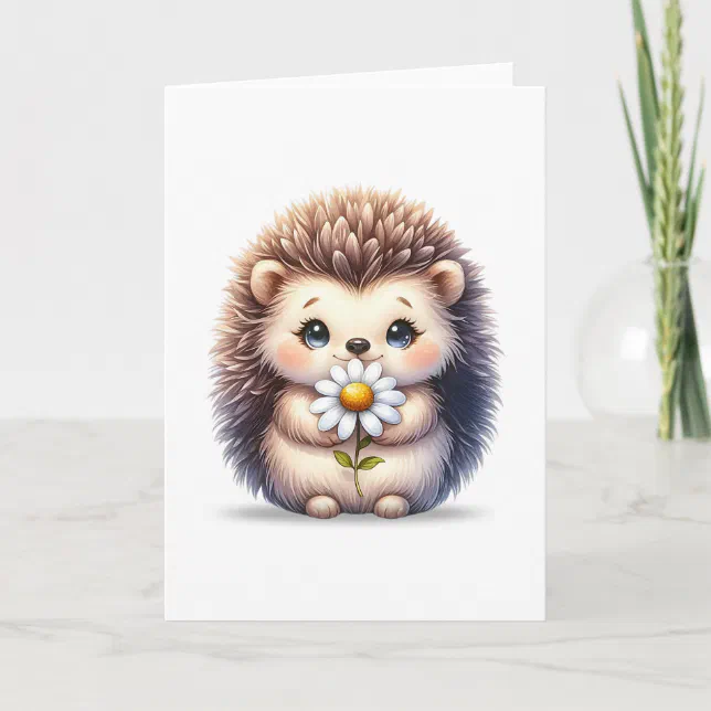 Cute Hedgehog with Daisy Blank Greeting Card | Zazzle