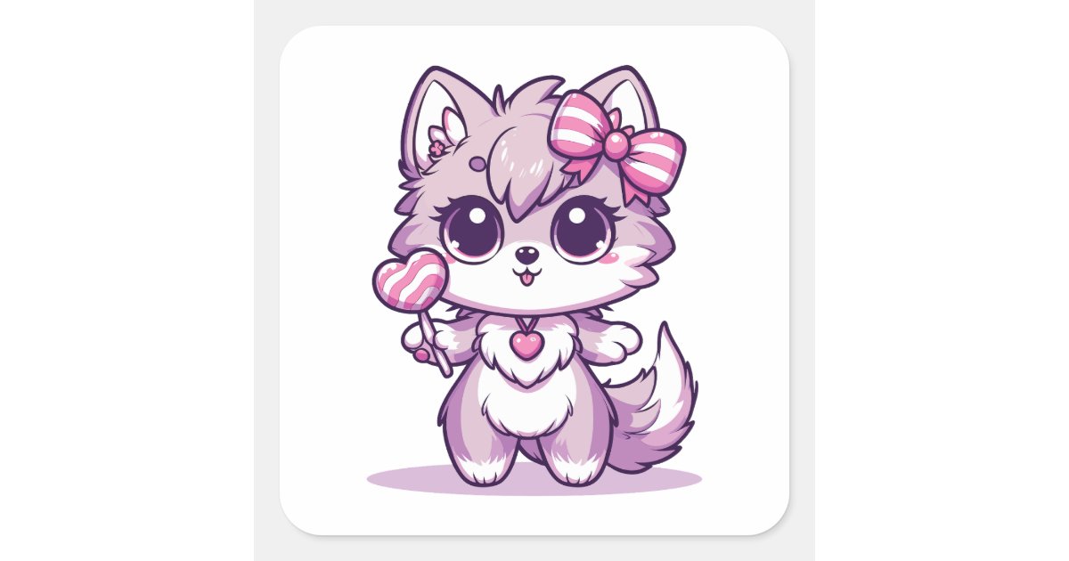 Cute Kawaii Wolf With Lollipop Square Sticker | Zazzle