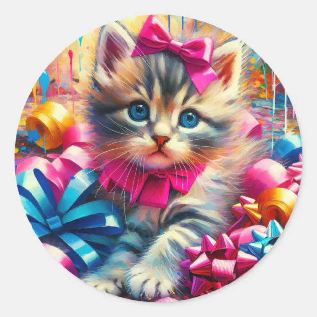 Cute Kitten Playing in Birthday Bows Classic Round Sticker | Zazzle