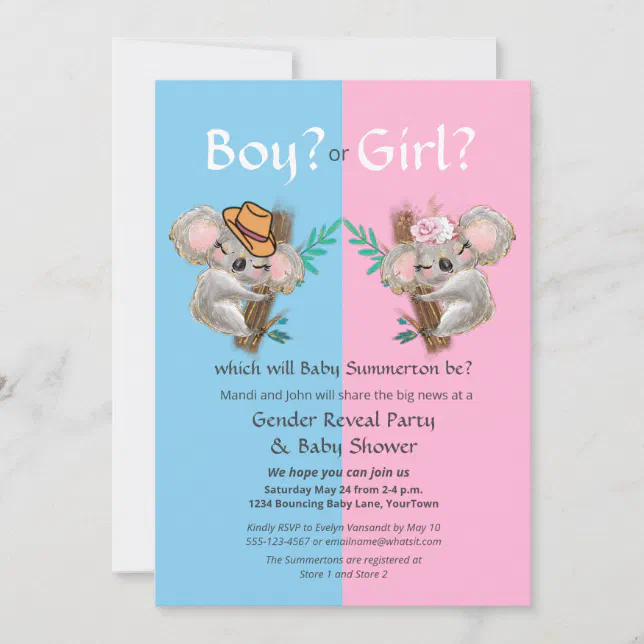 Cute Koala Gender Reveal Party / Baby Shower Invitation | Zazzle