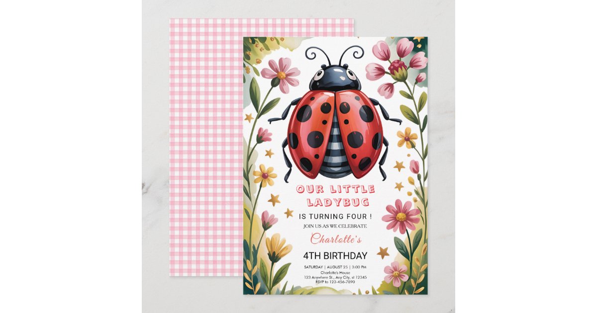 Cute Ladybug 4th Birthday Party Invitation | Zazzle
