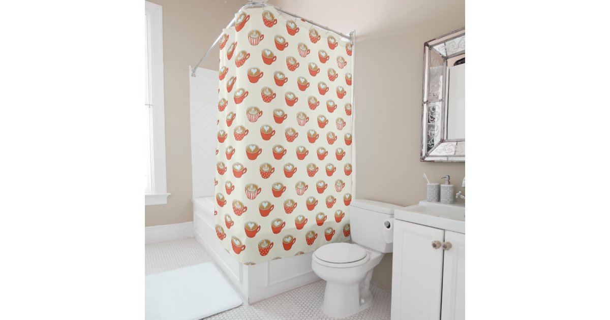 Cute Latte Art in Red Coffee Mugs Pattern Shower Curtain | Zazzle