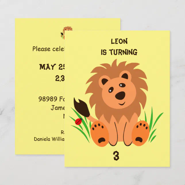 Cute lion in the grass with ladybug, kids birthday invitation | Zazzle