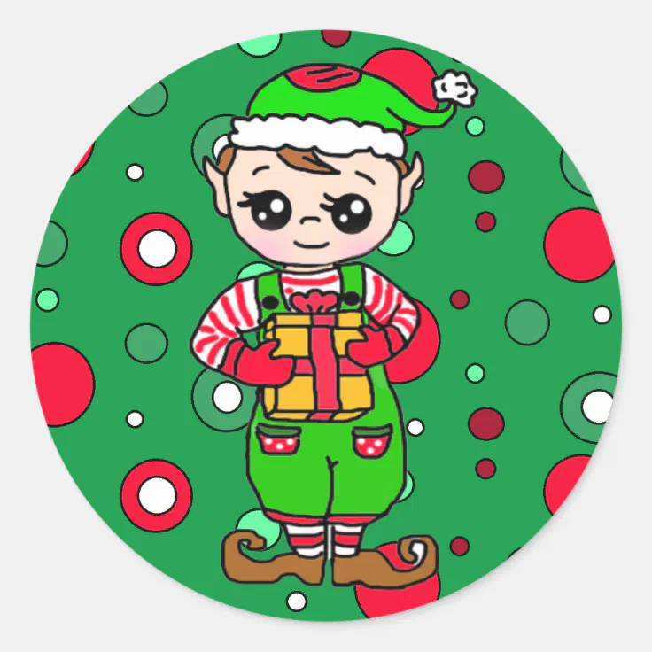 Cute Little Cartoon Elf Holding Gift Christmas Classic Round Sticker ...