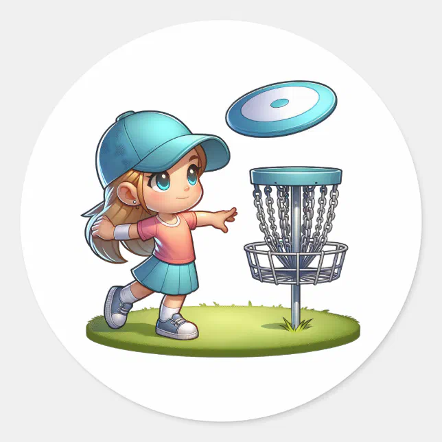 Cute Little Girl Disc Golf Cartoon Classic Round Sticker | Zazzle