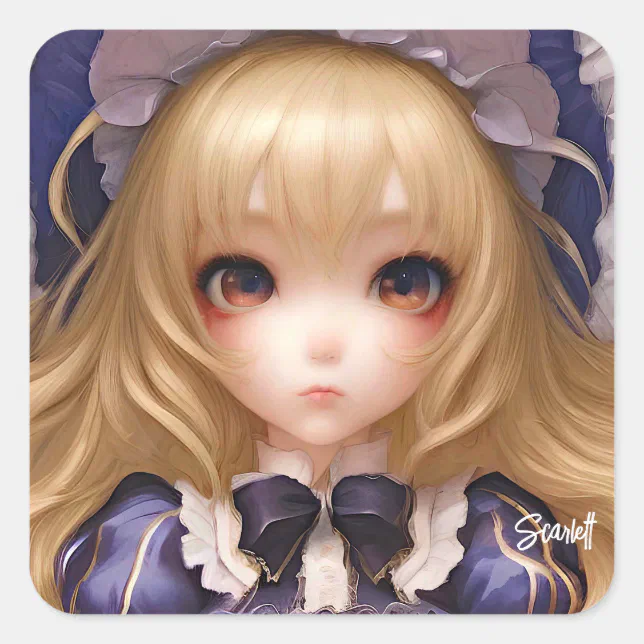 Cute Manga Anime Girl Japanese In Blue Square Sticker | Zazzle