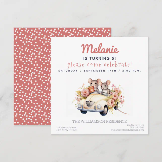 Cute Mice in a Car Kids Birthday Party Invitation | Zazzle
