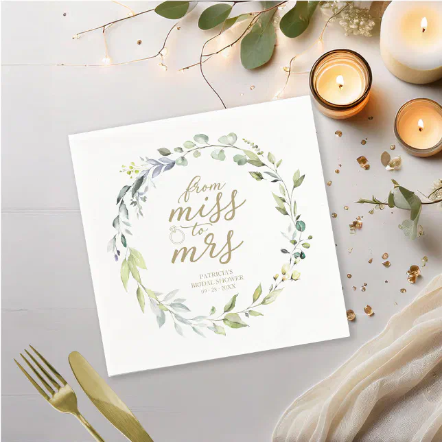 Cute Miss to Mrs Greenery Eucalyptus Bridal Shower Napkin | Zazzle