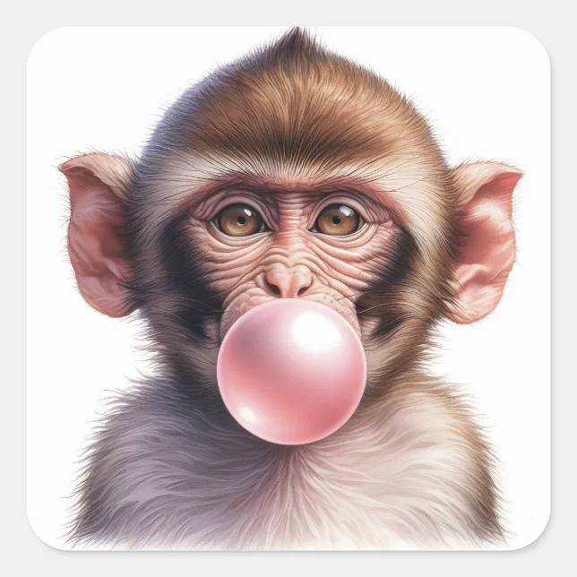 Cute Monkey Blowing Bubbles Bubble Gum Square Sticker | Zazzle