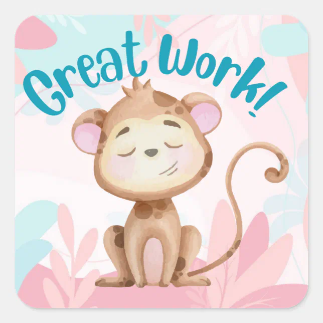 Cute Monkey Great Work Teacher Student Reward Square Sticker | Zazzle