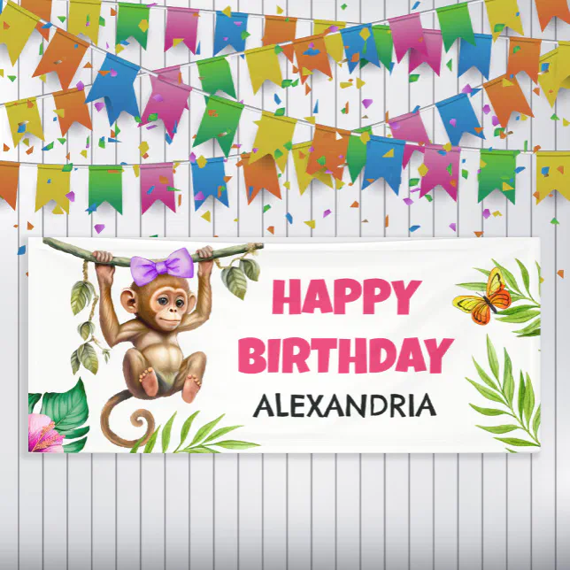 Cute Monkey Tropical Jungle Child's Happy Birthday Banner | Zazzle