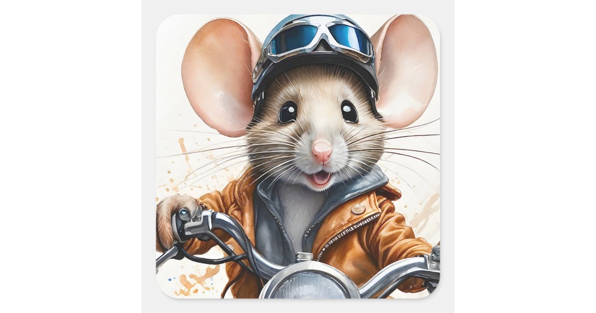 Cute Mouse Helmet Riding a Motorcycle Square Sticker | Zazzle