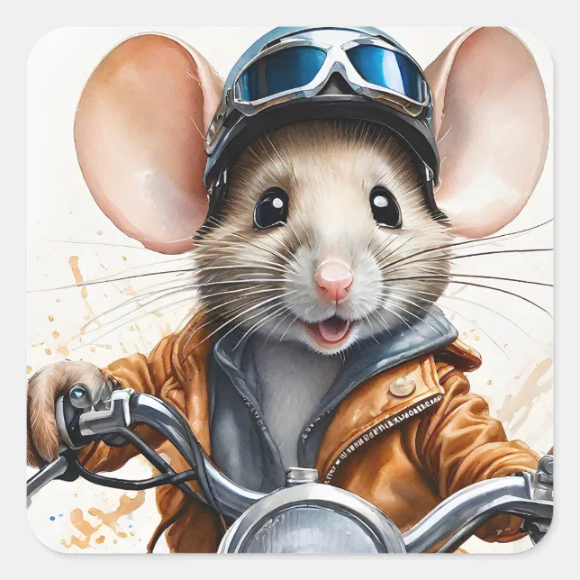 Cute Mouse Helmet Riding a Motorcycle Square Sticker | Zazzle