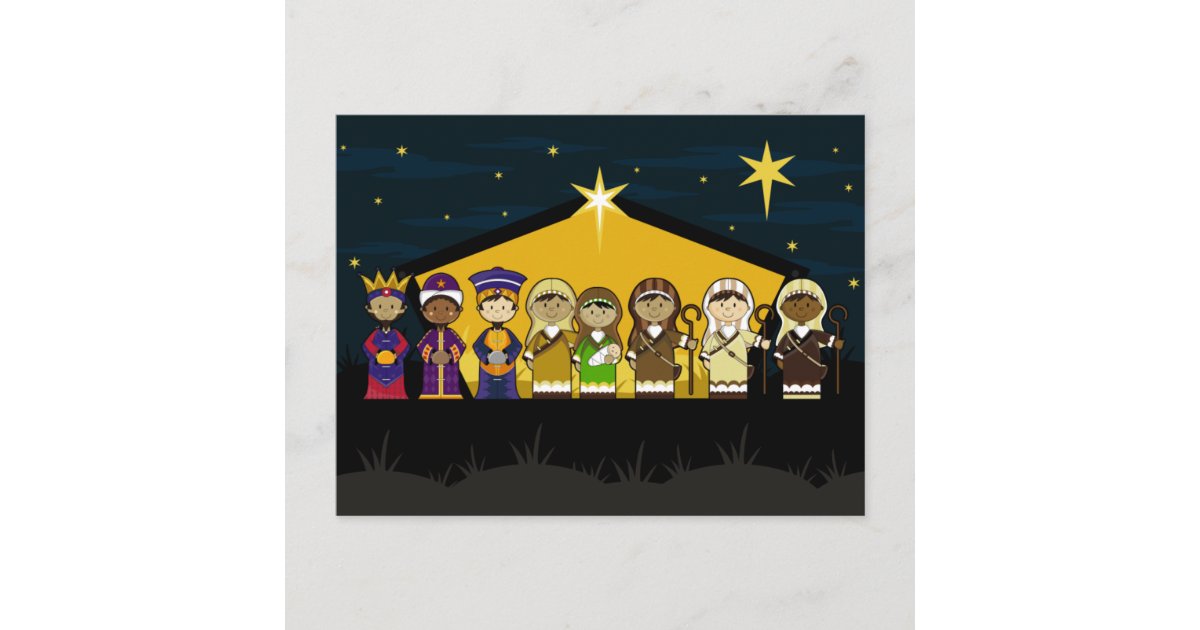 Cute Nativity Characters at Barn by Night Postcard | Zazzle