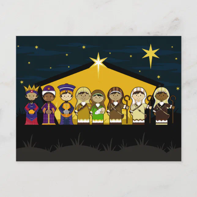 Cute Nativity Characters at Barn by Night Postcard | Zazzle