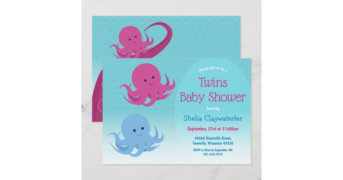 Cute Octopus Animal Twin Baby Shower Invitation | Zazzle
