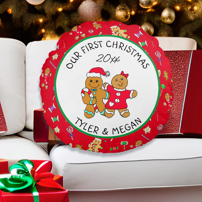 Cute Our First Christmas with Gingerbread Man Round Cushion | Zazzle