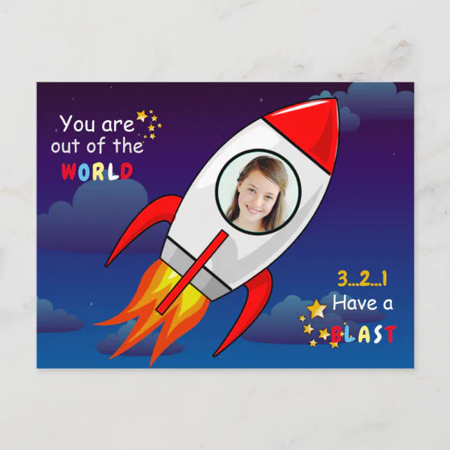 Cute Outer Space Rocket Ship Blast Off Birthday Postcard | Zazzle