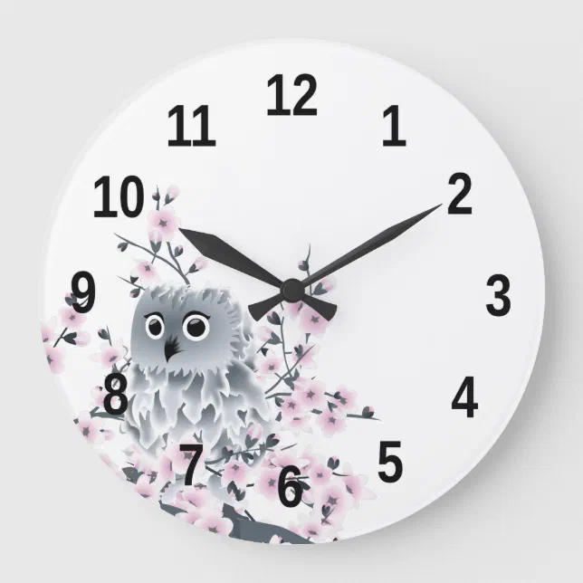 Cute Owl and Cherry Blossoms Numbers Large Clock | Zazzle