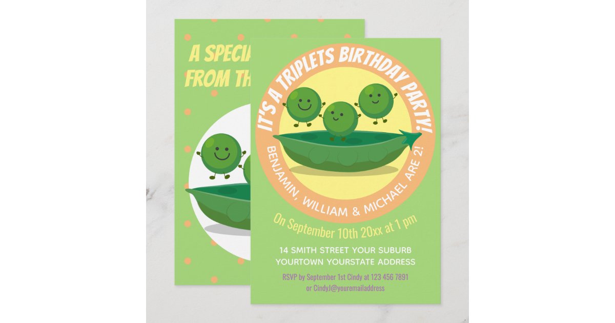 Cute peas triplets cartoon illustration invitation | Zazzle